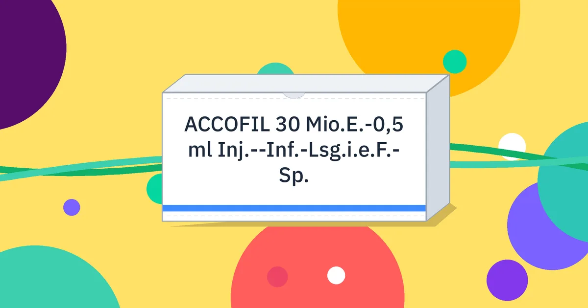 Symbolbild: Packung mit der Aufschrift ACCOFIL 30 Mio.E.-0,5 ml Inj.--Inf.-Lsg.i.e.F.-Sp. (PZN 16659557) – Verfügbarkeit und Bezug in Apotheken in Frankfurt am Main