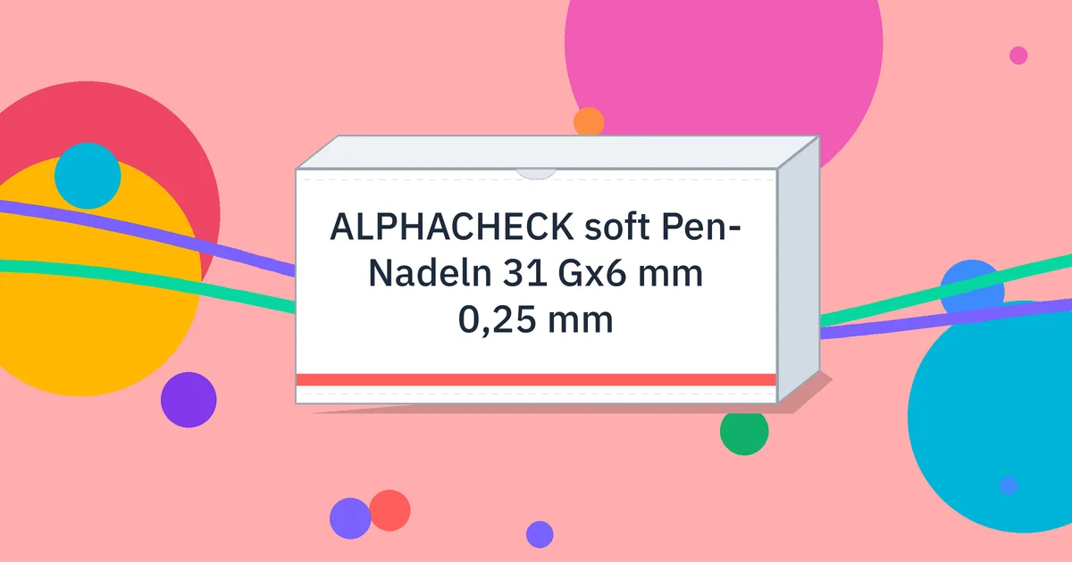 Symbolbild: Packung mit der Aufschrift ALPHACHECK soft Pen-Nadeln 31 Gx6 mm 0,25 mm (PZN 16392344) – Verfügbarkeit und Bezug in Apotheken in Frankfurt am Main