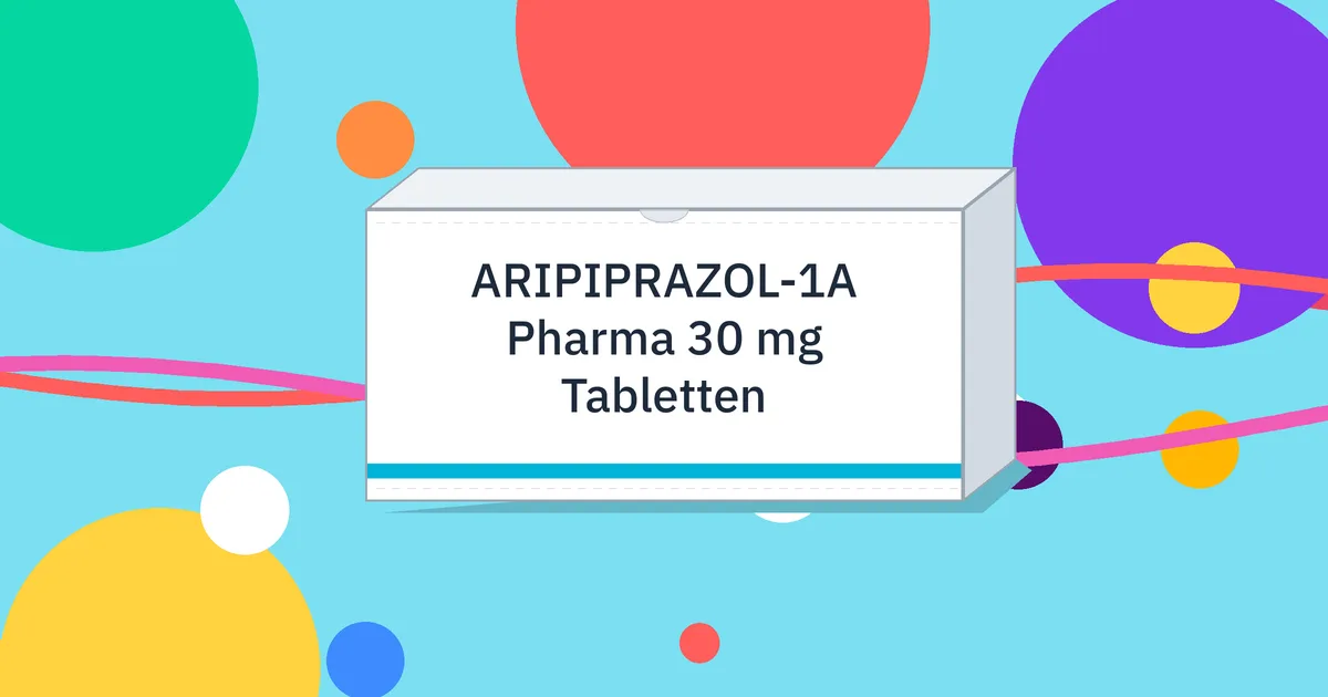 Symbolbild: Packung mit der Aufschrift ARIPIPRAZOL-1A Pharma 30 mg Tabletten (PZN 10842183) – Verfügbarkeit und Bezug in Apotheken in Frankfurt am Main