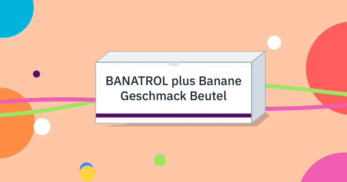Symbolbild: Packung mit der Aufschrift BANATROL plus Banane Geschmack Beutel (PZN 18188731) – Verfügbarkeit und Bezug in Apotheken in Frankfurt am Main