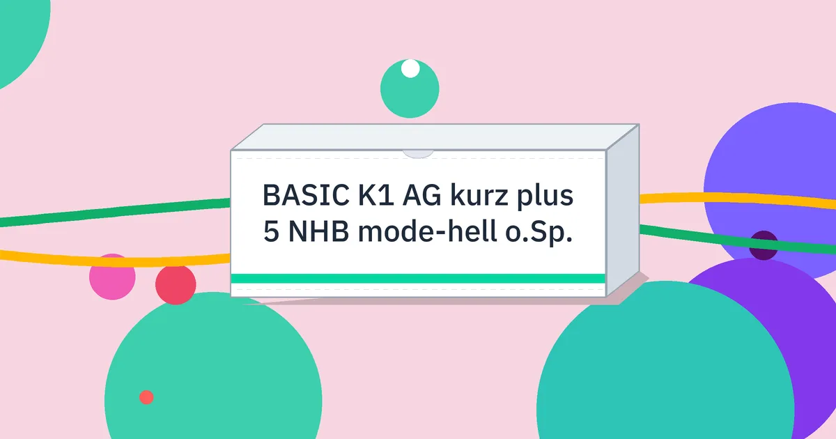 Symbolbild: Packung mit der Aufschrift BASIC K1 AG kurz plus 5 NHB mode-hell o.Sp. (PZN 20261458) – Verfügbarkeit und Bezug in Apotheken in Frankfurt am Main