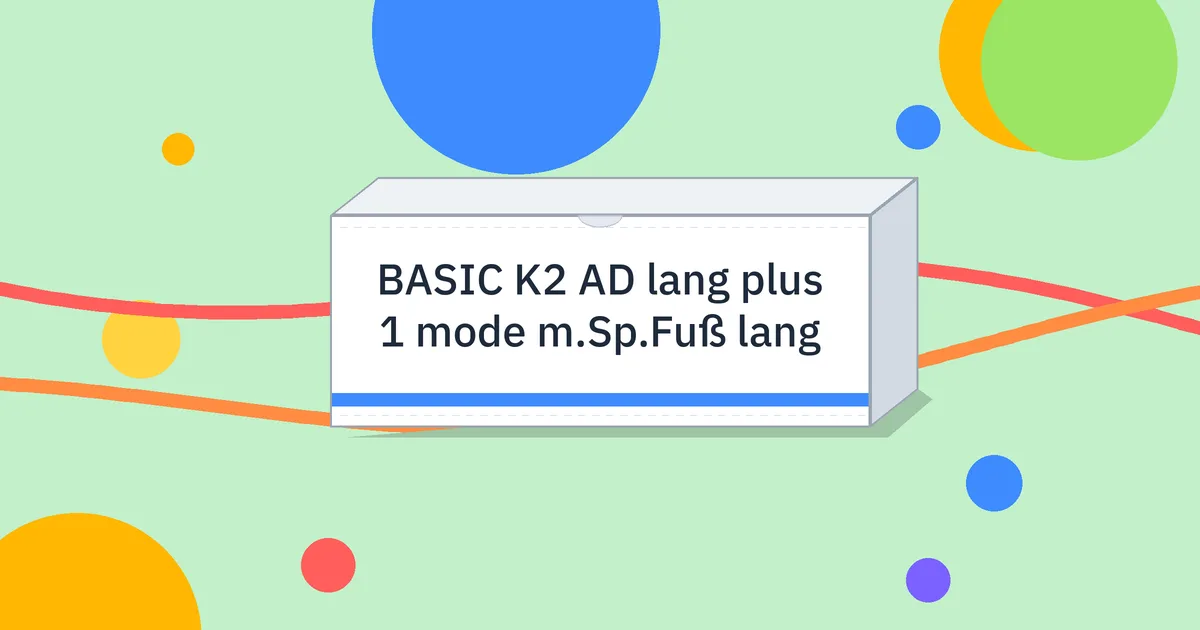 Symbolbild: Packung mit der Aufschrift BASIC K2 AD lang plus 1 mode m.Sp.Fuß lang (PZN 20263747) – Verfügbarkeit und Bezug in Apotheken in Frankfurt am Main