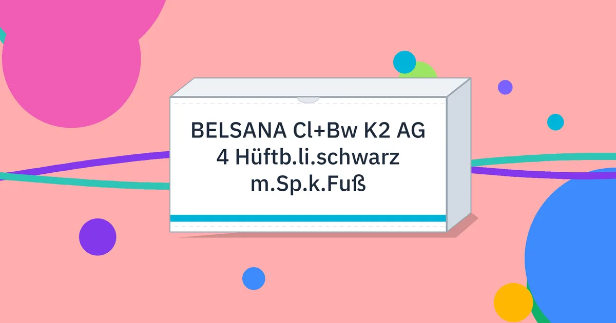 Symbolbild: Packung mit der Aufschrift BELSANA Cl+Bw K2 AG 4 Hüftb.li.schwarz m.Sp.k.Fuß (PZN 12254711) – Verfügbarkeit und Bezug in Apotheken in Frankfurt am Main