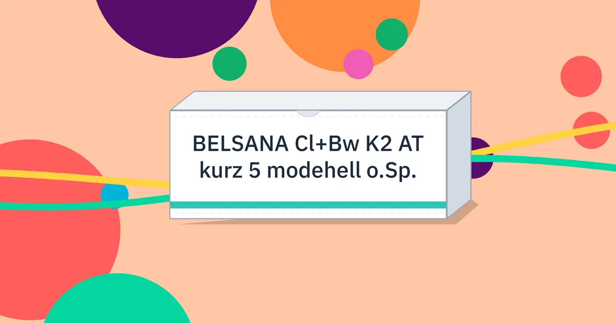 Symbolbild: Packung mit der Aufschrift BELSANA Cl+Bw K2 AT kurz 5 modehell o.Sp. (PZN 12253309) – Verfügbarkeit und Bezug in Apotheken in Frankfurt am Main