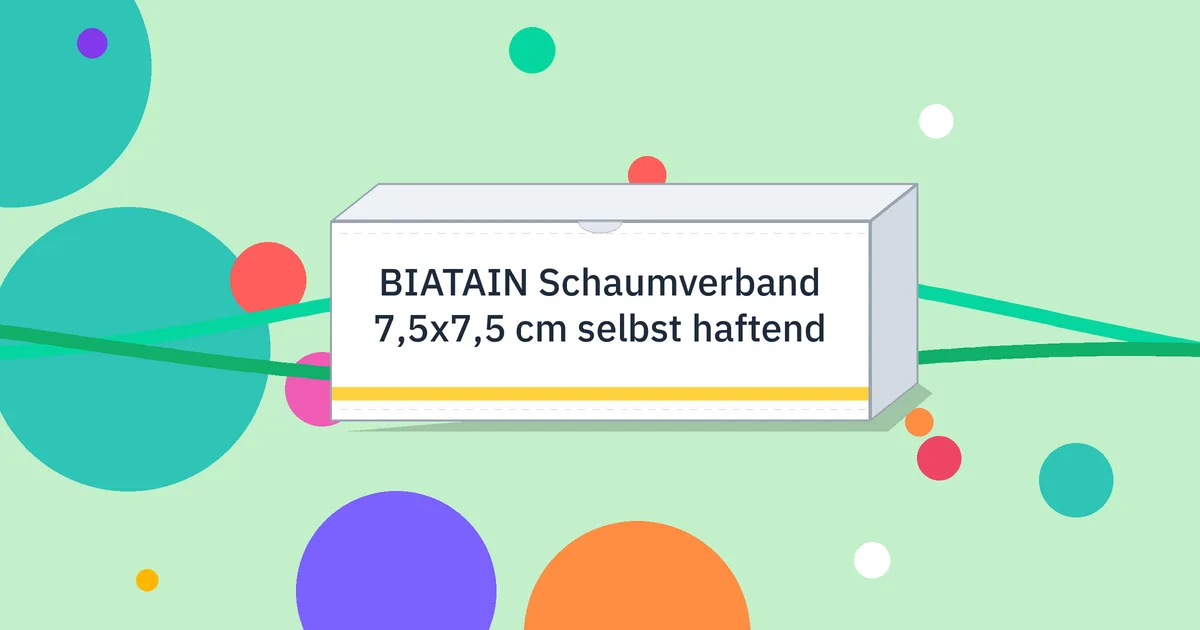 Symbolbild: Packung mit der Aufschrift BIATAIN Schaumverband 7,5x7,5 cm selbst haftend (PZN 19348272) – Verfügbarkeit und Bezug in Apotheken in Frankfurt am Main