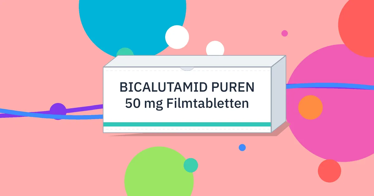 Symbolbild: Packung mit der Aufschrift BICALUTAMID PUREN 50 mg Filmtabletten (PZN 11353434) – Verfügbarkeit und Bezug in Apotheken in Frankfurt am Main