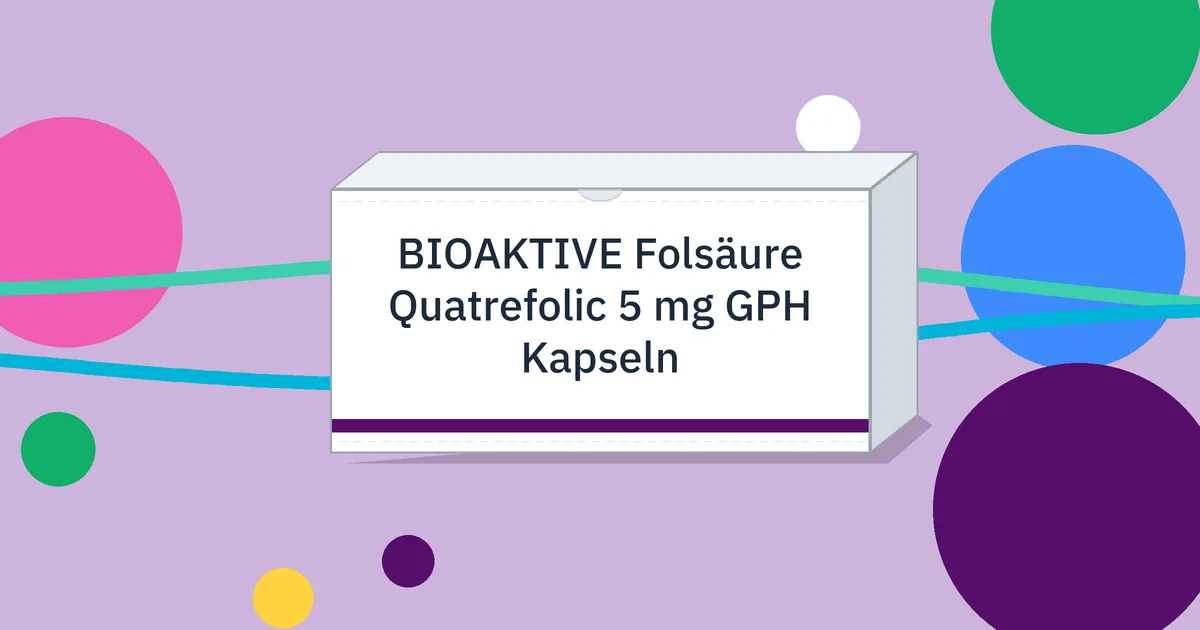 Symbolbild: Packung mit der Aufschrift BIOAKTIVE Folsäure Quatrefolic 5 mg GPH Kapseln (PZN 18310586) – Verfügbarkeit und Bezug in Apotheken in Frankfurt am Main