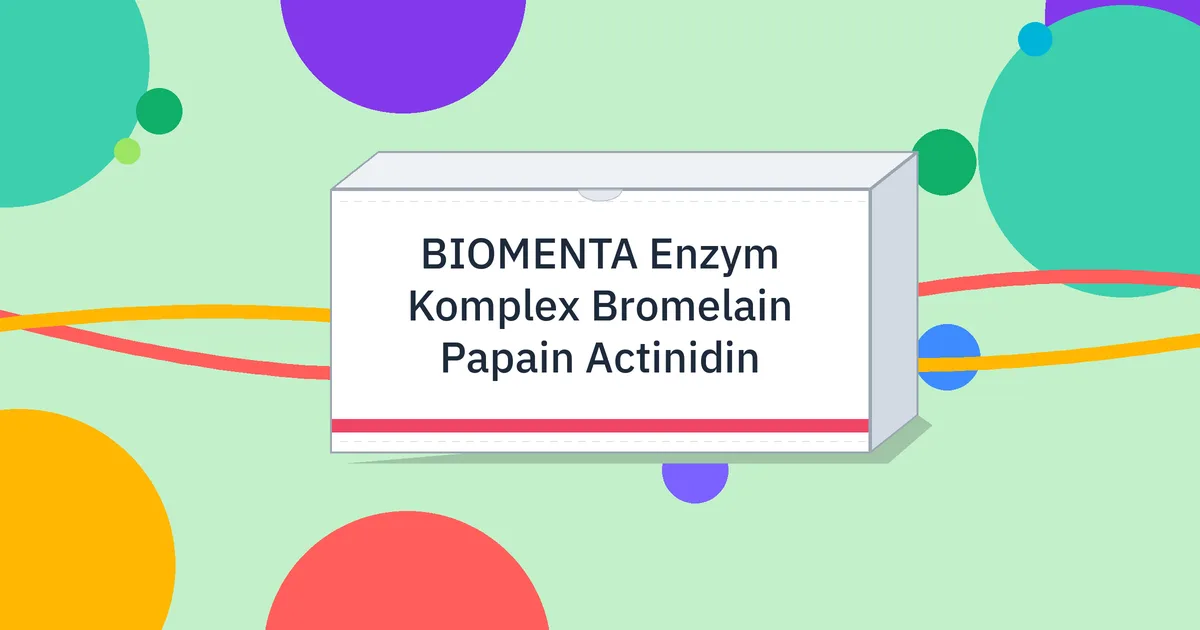 Symbolbild: Packung mit der Aufschrift BIOMENTA Enzym Komplex Bromelain Papain Actinidin (PZN 16819446) – Verfügbarkeit und Bezug in Apotheken in Frankfurt am Main