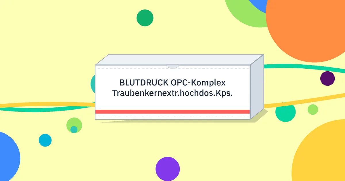 Symbolbild: Packung mit der Aufschrift BLUTDRUCK OPC-Komplex Traubenkernextr.hochdos.Kps. (PZN 18388536) – Verfügbarkeit und Bezug in Apotheken in Frankfurt am Main