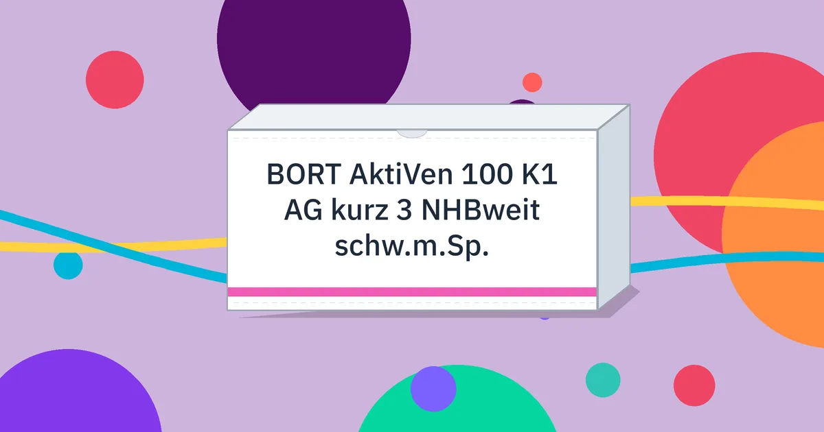Symbolbild: Packung mit der Aufschrift BORT AktiVen 100 K1 AG kurz 3 NHBweit schw.m.Sp. (PZN 14388485) – Verfügbarkeit und Bezug in Apotheken in Frankfurt am Main