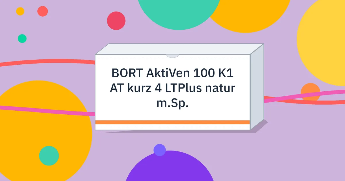 Symbolbild: Packung mit der Aufschrift BORT AktiVen 100 K1 AT kurz 4 LTPlus natur m.Sp. (PZN 18175651) – Verfügbarkeit und Bezug in Apotheken in Frankfurt am Main