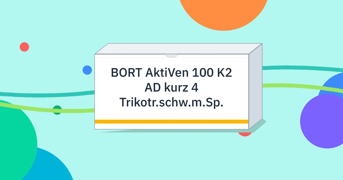 Symbolbild: Packung mit der Aufschrift BORT AktiVen 100 K2 AD kurz 4 Trikotr.schw.m.Sp. (PZN 14386813) – Verfügbarkeit und Bezug in Apotheken in Frankfurt am Main