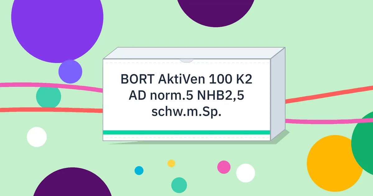 Symbolbild: Packung mit der Aufschrift BORT AktiVen 100 K2 AD norm.5 NHB2,5 schw.m.Sp. (PZN 17501829) – Verfügbarkeit und Bezug in Apotheken in Frankfurt am Main