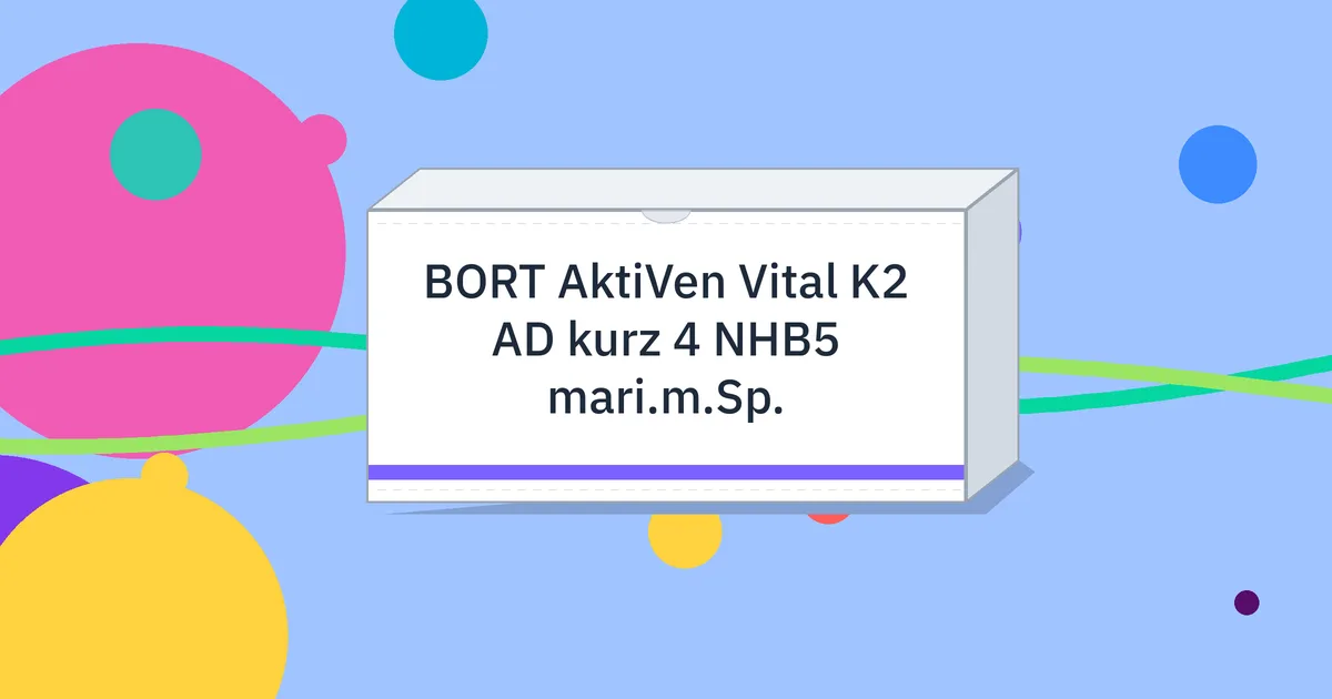 Symbolbild: Packung mit der Aufschrift BORT AktiVen Vital K2 AD kurz 4 NHB5 mari.m.Sp. (PZN 17494733) – Verfügbarkeit und Bezug in Apotheken in Frankfurt am Main
