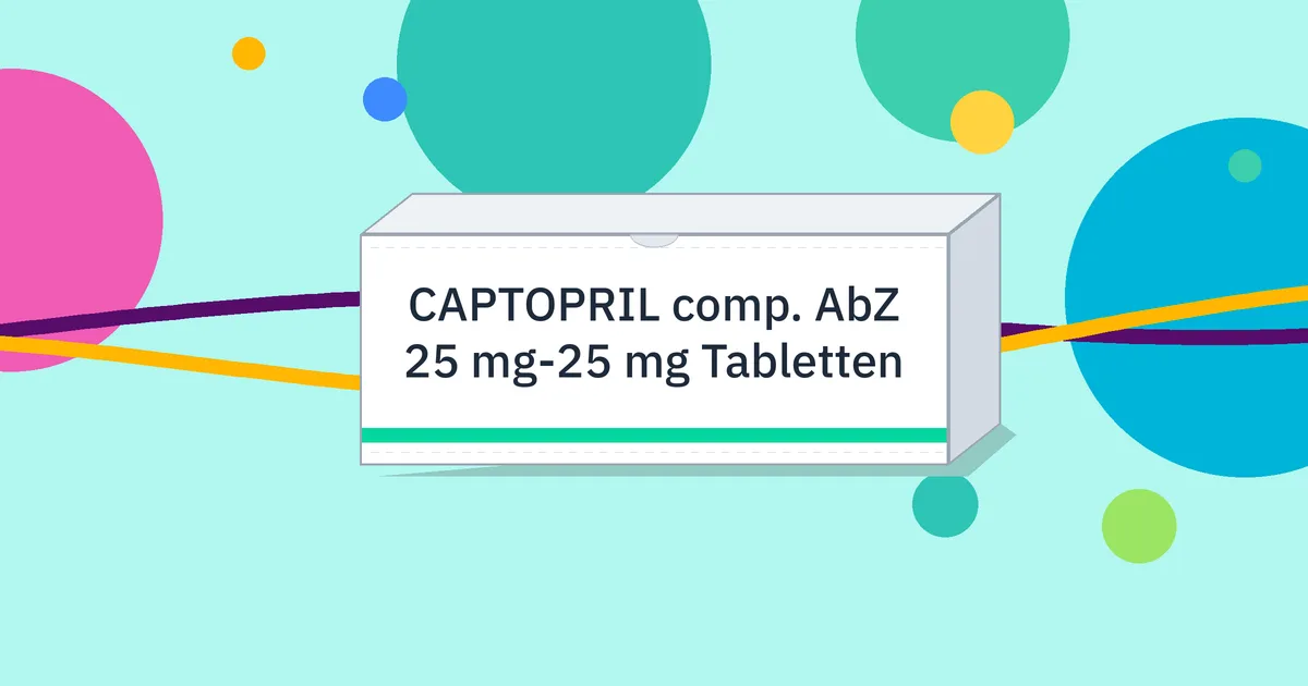 Symbolbild: Packung mit der Aufschrift CAPTOPRIL comp. AbZ 25 mg-25 mg Tabletten (PZN 01015305) – Verfügbarkeit und Bezug in Apotheken in Frankfurt am Main