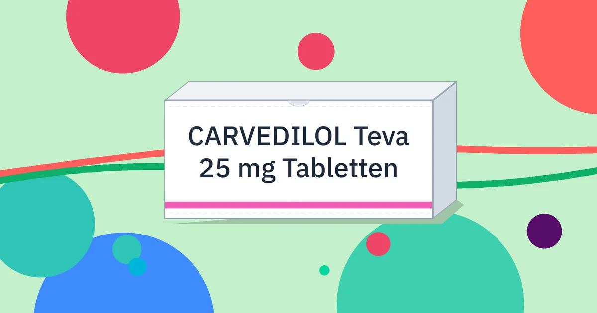 Symbolbild: Packung mit der Aufschrift CARVEDILOL Teva 25 mg Tabletten (PZN 01021702) – Verfügbarkeit und Bezug in Apotheken in Frankfurt am Main