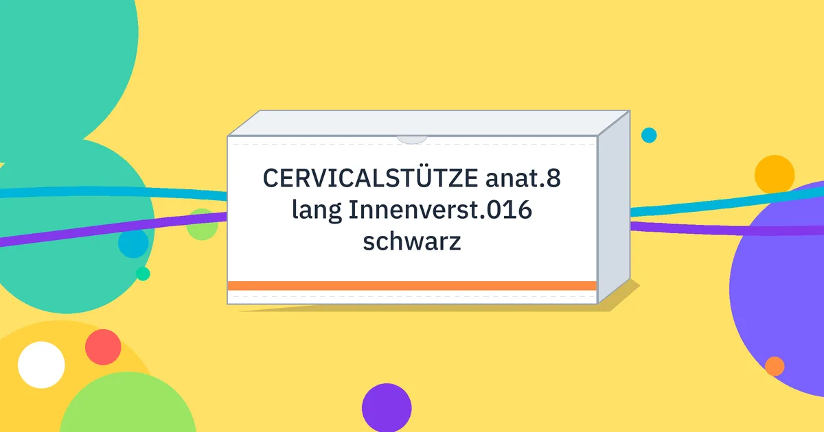 Symbolbild: Packung mit der Aufschrift CERVICALSTÜTZE anat.8 lang Innenverst.016 schwarz (PZN 10233389) – Verfügbarkeit und Bezug in Apotheken in Frankfurt am Main