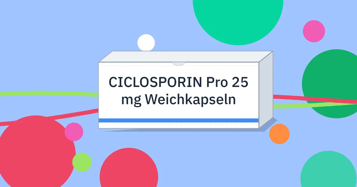 Symbolbild: Packung mit der Aufschrift CICLOSPORIN Pro 25 mg Weichkapseln (PZN 19264871) – Verfügbarkeit und Bezug in Apotheken in Frankfurt am Main