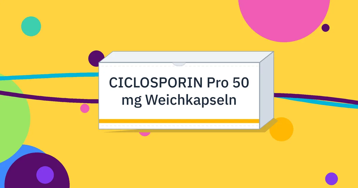 Symbolbild: Packung mit der Aufschrift CICLOSPORIN Pro 50 mg Weichkapseln (PZN 02702775) – Verfügbarkeit und Bezug in Apotheken in Frankfurt am Main