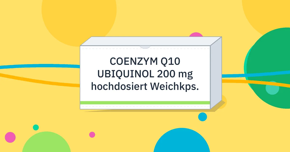 Symbolbild: Packung mit der Aufschrift COENZYM Q10 UBIQUINOL 200 mg hochdosiert Weichkps. (PZN 19145250) – Verfügbarkeit und Bezug in Apotheken in Frankfurt am Main