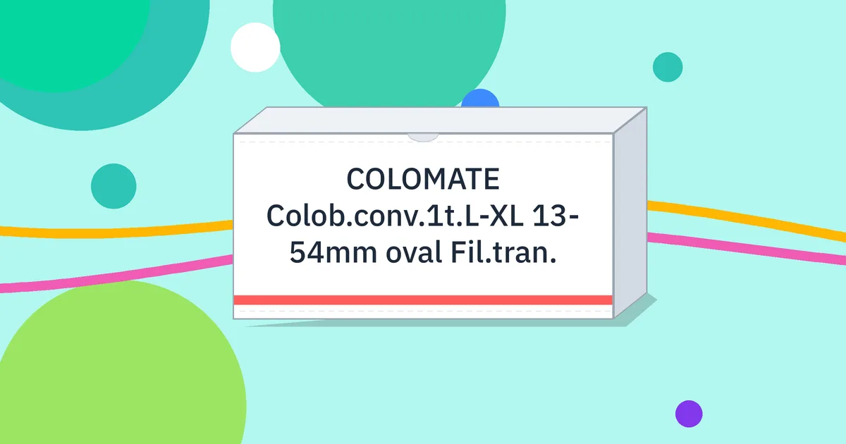 Symbolbild: Packung mit der Aufschrift COLOMATE Colob.conv.1t.L-XL 13-54mm oval Fil.tran. (PZN 10231396) – Verfügbarkeit und Bezug in Apotheken in Frankfurt am Main