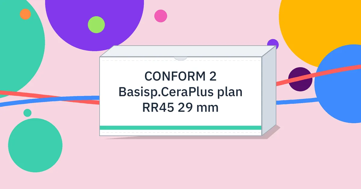 Symbolbild: Packung mit der Aufschrift CONFORM 2 Basisp.CeraPlus plan RR45 29 mm (PZN 16944571) – Verfügbarkeit und Bezug in Apotheken in Frankfurt am Main