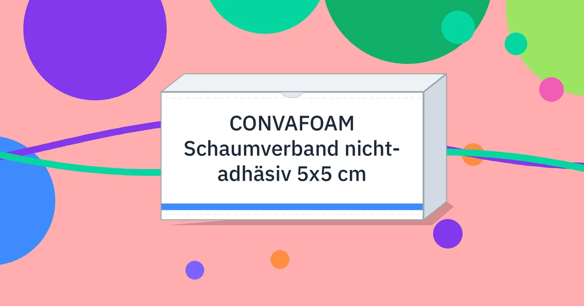 Symbolbild: Packung mit der Aufschrift CONVAFOAM Schaumverband nicht-adhäsiv 5x5 cm (PZN 17256554) – Verfügbarkeit und Bezug in Apotheken in Frankfurt am Main