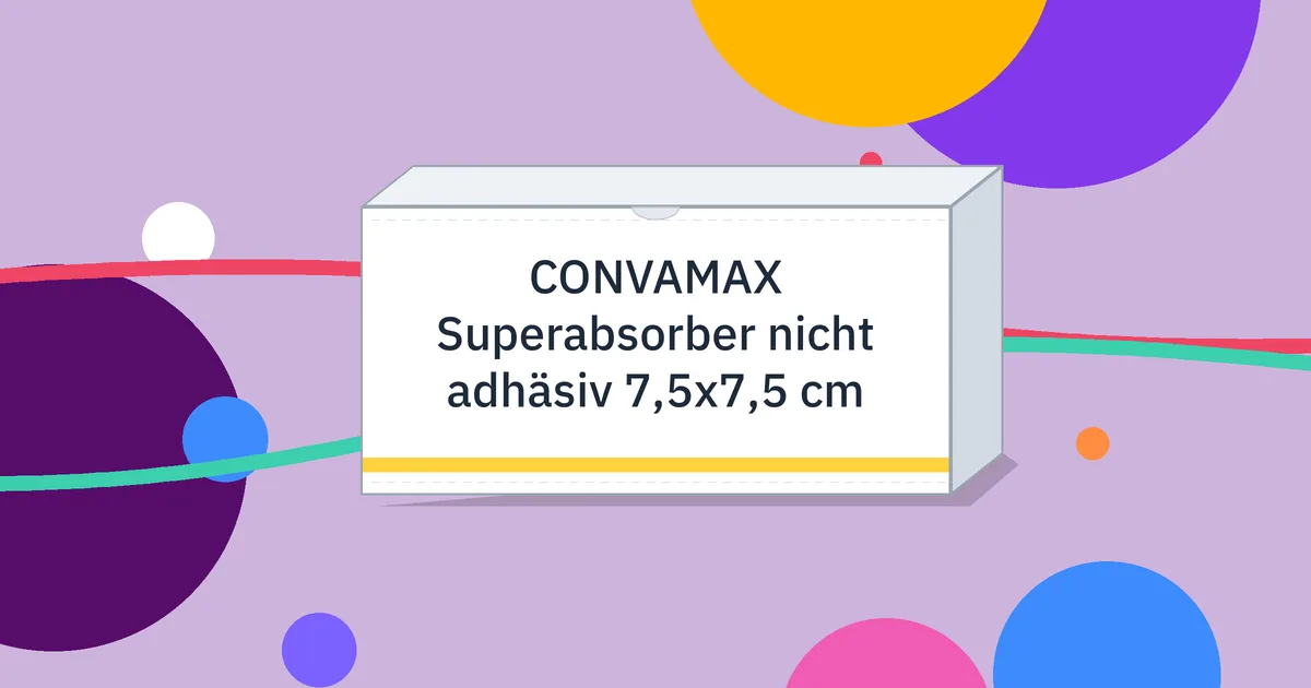 Symbolbild: Packung mit der Aufschrift CONVAMAX Superabsorber nicht adhäsiv 7,5x7,5 cm (PZN 20120284) – Verfügbarkeit und Bezug in Apotheken in Frankfurt am Main