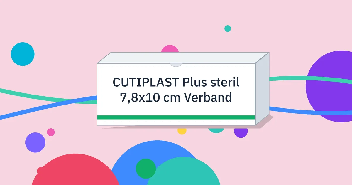 Symbolbild: Packung mit der Aufschrift CUTIPLAST Plus steril 7,8x10 cm Verband (PZN 09732578) – Verfügbarkeit und Bezug in Apotheken in Frankfurt am Main