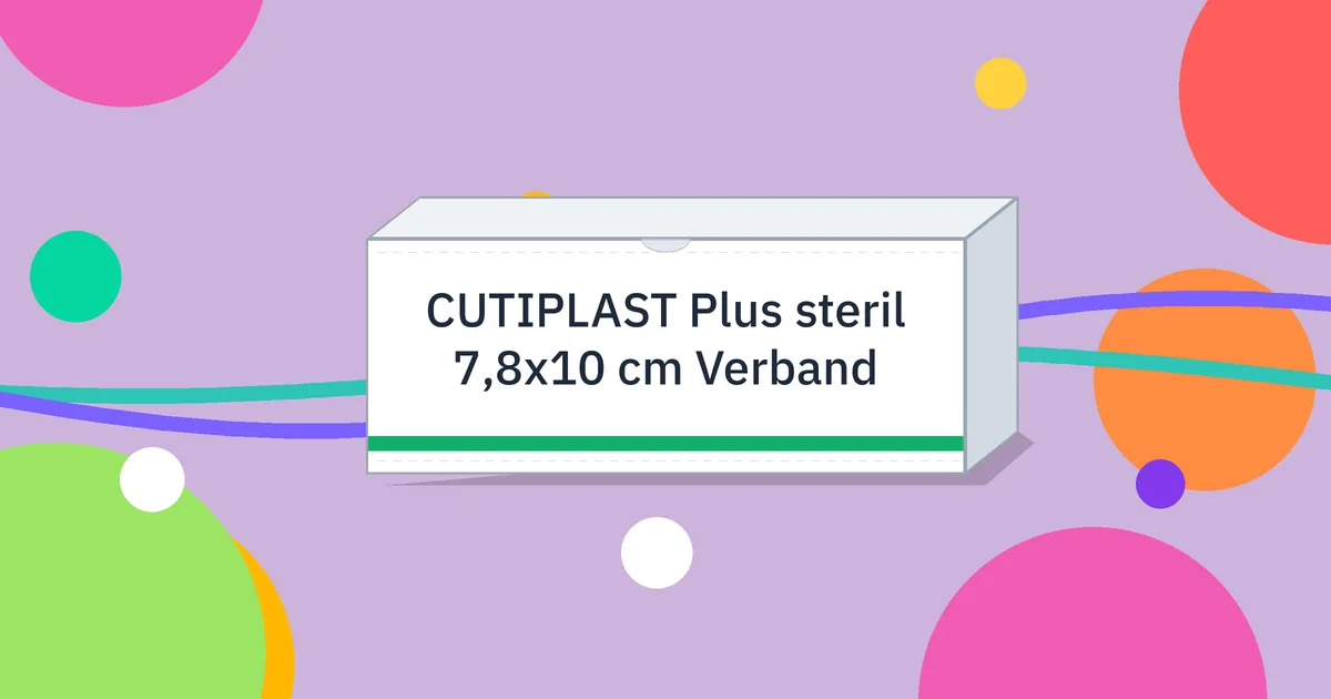 Symbolbild: Packung mit der Aufschrift CUTIPLAST Plus steril 7,8x10 cm Verband (PZN 10046115) – Verfügbarkeit und Bezug in Apotheken in Frankfurt am Main