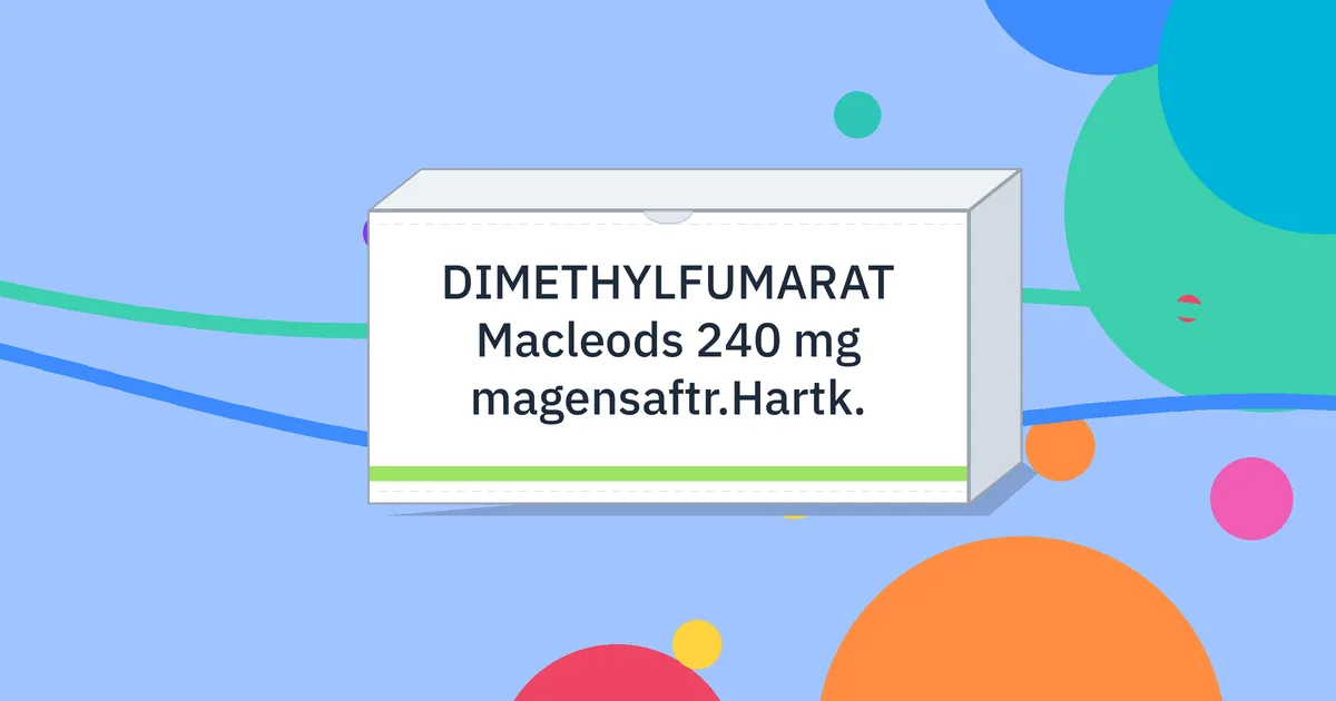 Symbolbild: Packung mit der Aufschrift DIMETHYLFUMARAT Macleods 240 mg magensaftr.Hartk. (PZN 20141441) – Verfügbarkeit und Bezug in Apotheken in Frankfurt am Main
