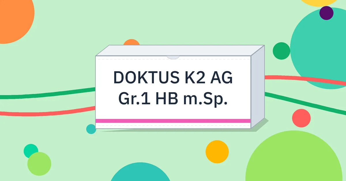 Symbolbild: Packung mit der Aufschrift DOKTUS K2 AG Gr.1 HB m.Sp. (PZN 03309519) – Verfügbarkeit und Bezug in Apotheken in Frankfurt am Main