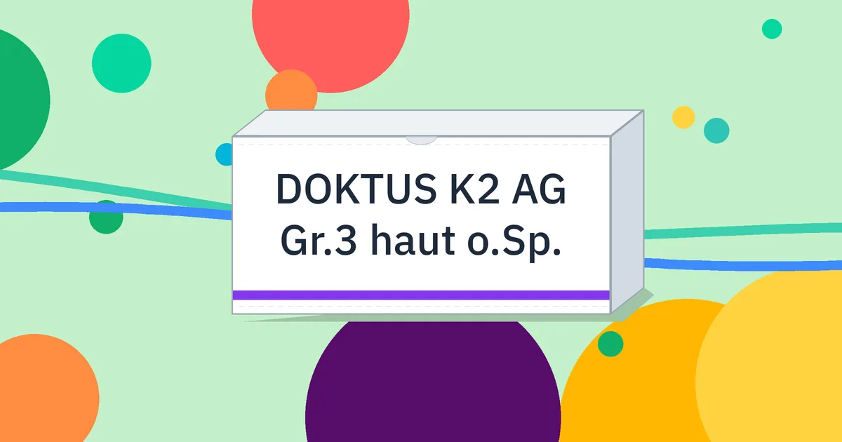 Symbolbild: Packung mit der Aufschrift DOKTUS K2 AG Gr.3 haut o.Sp. (PZN 00596659) – Verfügbarkeit und Bezug in Apotheken in Frankfurt am Main