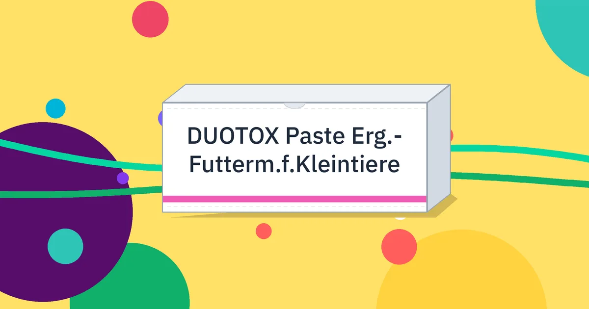 Symbolbild: Packung mit der Aufschrift DUOTOX Paste Erg.-Futterm.f.Kleintiere (PZN 19068816) – Verfügbarkeit und Bezug in Apotheken in Frankfurt am Main