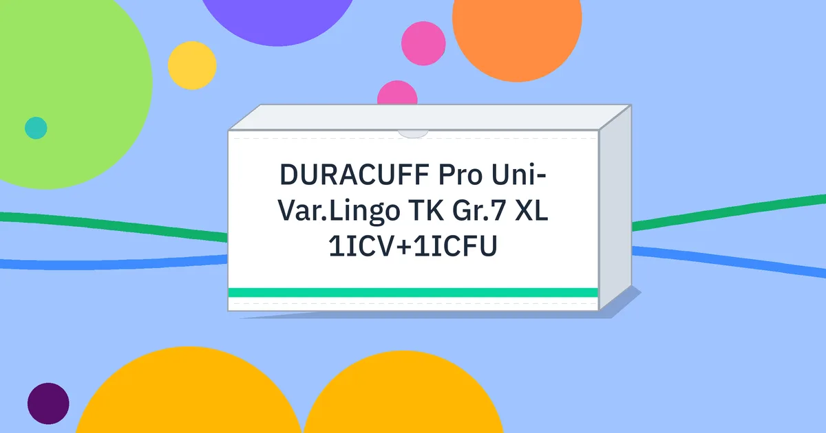 Symbolbild: Packung mit der Aufschrift DURACUFF Pro Uni-Var.Lingo TK Gr.7 XL 1ICV+1ICFU (PZN 19245810) – Verfügbarkeit und Bezug in Apotheken in Frankfurt am Main