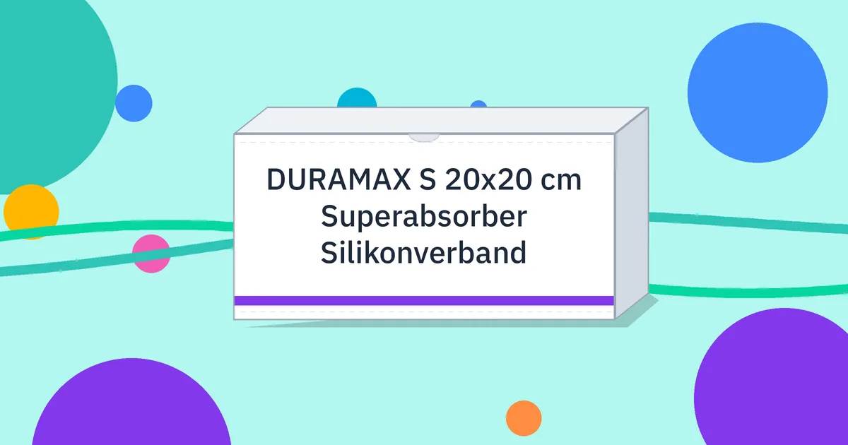 Symbolbild: Packung mit der Aufschrift DURAMAX S 20x20 cm Superabsorber Silikonverband (PZN 19799282) – Verfügbarkeit und Bezug in Apotheken in Frankfurt am Main