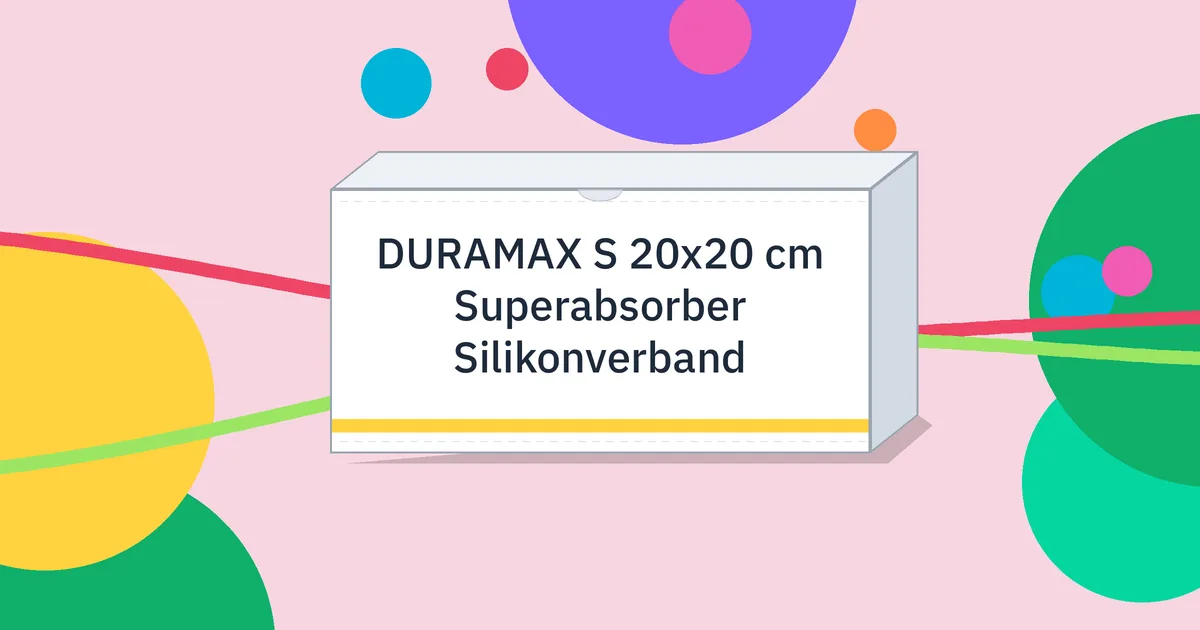 Symbolbild: Packung mit der Aufschrift DURAMAX S 20x20 cm Superabsorber Silikonverband (PZN 20109064) – Verfügbarkeit und Bezug in Apotheken in Frankfurt am Main