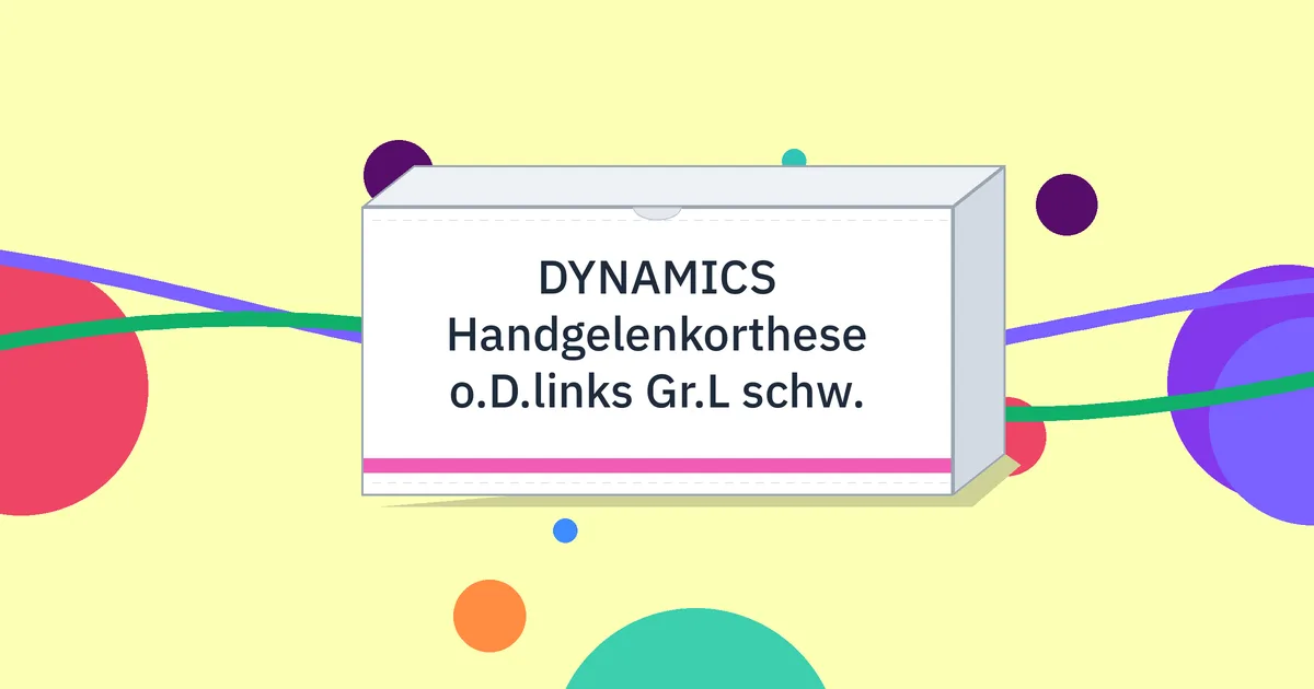 Symbolbild: Packung mit der Aufschrift DYNAMICS Handgelenkorthese o.D.links Gr.L schw. (PZN 10633278) – Verfügbarkeit und Bezug in Apotheken in Frankfurt am Main