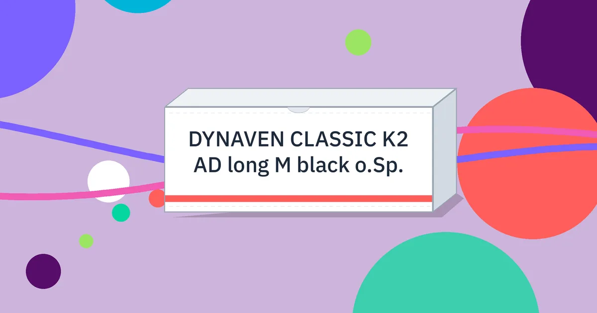 Symbolbild: Packung mit der Aufschrift DYNAVEN CLASSIC K2 AD long M black o.Sp. (PZN 18417108) – Verfügbarkeit und Bezug in Apotheken in Frankfurt am Main