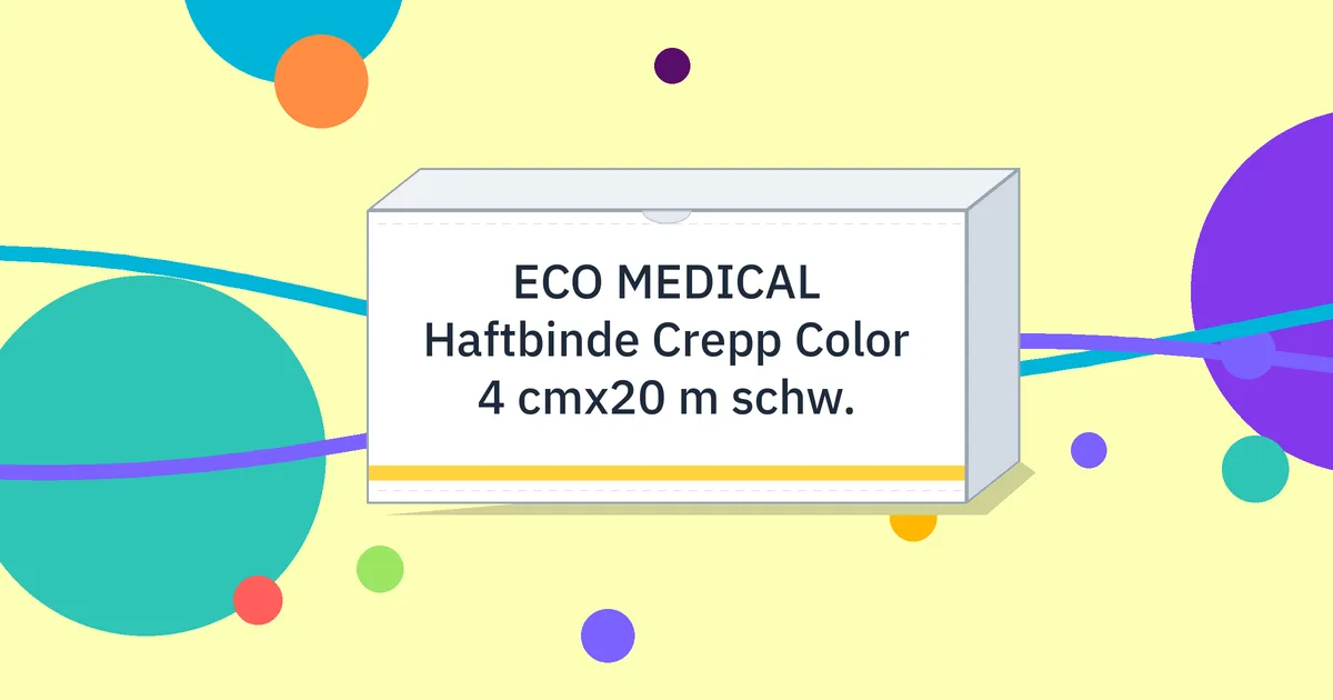 Symbolbild: Packung mit der Aufschrift ECO MEDICAL Haftbinde Crepp Color 4 cmx20 m schw. (PZN 01630453) – Verfügbarkeit und Bezug in Apotheken in Frankfurt am Main