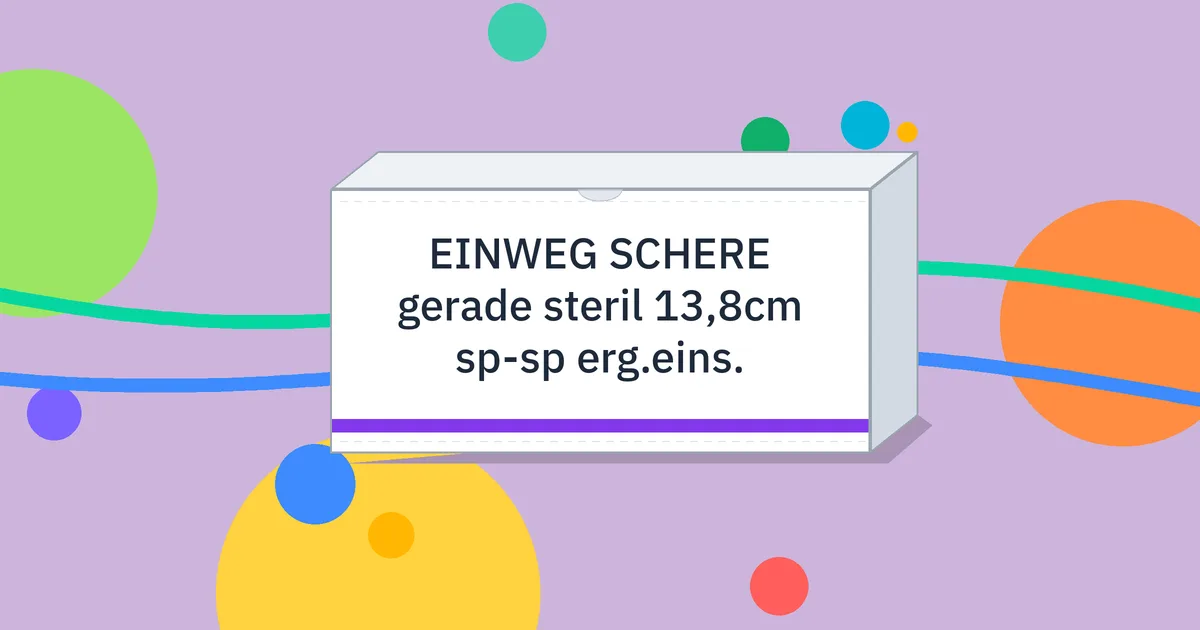 Symbolbild: Packung mit der Aufschrift EINWEG SCHERE gerade steril 13,8cm sp-sp erg.eins. (PZN 17851191) – Verfügbarkeit und Bezug in Apotheken in Frankfurt am Main