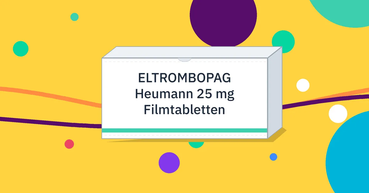 Symbolbild: Packung mit der Aufschrift ELTROMBOPAG Heumann 25 mg Filmtabletten (PZN 19421170) – Verfügbarkeit und Bezug in Apotheken in Frankfurt am Main