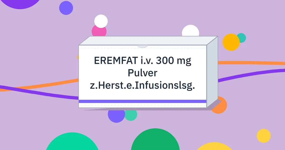 Symbolbild: Packung mit der Aufschrift EREMFAT i.v. 300 mg Pulver z.Herst.e.Infusionslsg. (PZN 09505084) – Verfügbarkeit und Bezug in Apotheken in Frankfurt am Main