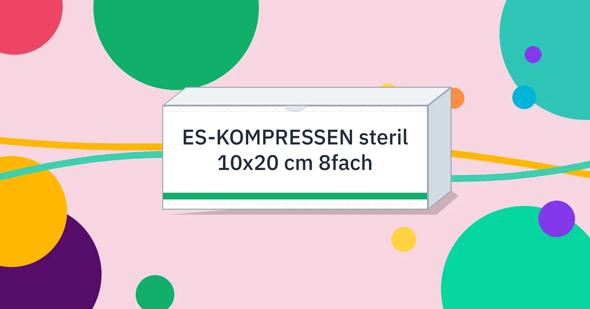 Symbolbild: Packung mit der Aufschrift ES-KOMPRESSEN steril 10x20 cm 8fach (PZN 19863152) – Verfügbarkeit und Bezug in Apotheken in Frankfurt am Main