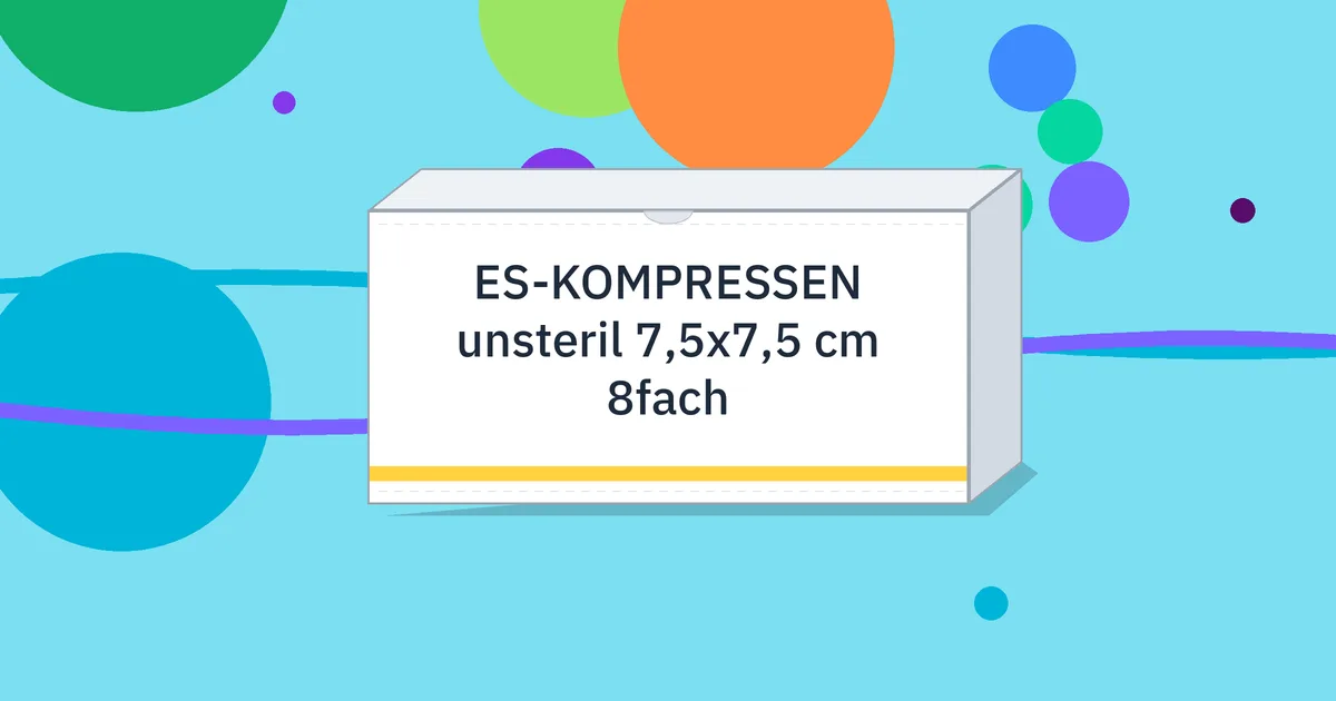 Symbolbild: Packung mit der Aufschrift ES-KOMPRESSEN unsteril 7,5x7,5 cm 8fach (PZN 18715610) – Verfügbarkeit und Bezug in Apotheken in Frankfurt am Main