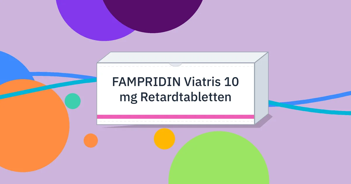 Symbolbild: Packung mit der Aufschrift FAMPRIDIN Viatris 10 mg Retardtabletten (PZN 20102547) – Verfügbarkeit und Bezug in Apotheken in Frankfurt am Main