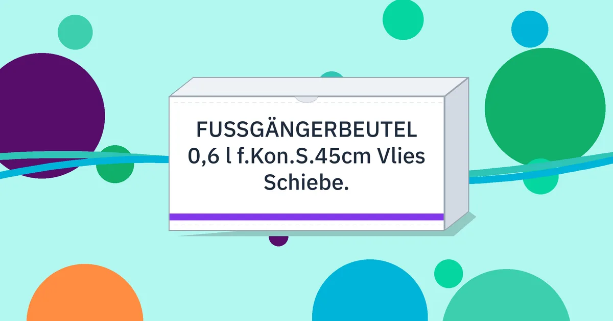 Symbolbild: Packung mit der Aufschrift FUSSGÄNGERBEUTEL 0,6 l f.Kon.S.45cm Vlies Schiebe. (PZN 06095846) – Verfügbarkeit und Bezug in Apotheken in Frankfurt am Main