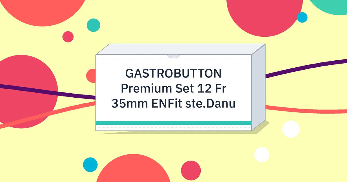 Symbolbild: Packung mit der Aufschrift GASTROBUTTON Premium Set 12 Fr 35mm ENFit ste.Danu (PZN 16883332) – Verfügbarkeit und Bezug in Apotheken in Frankfurt am Main