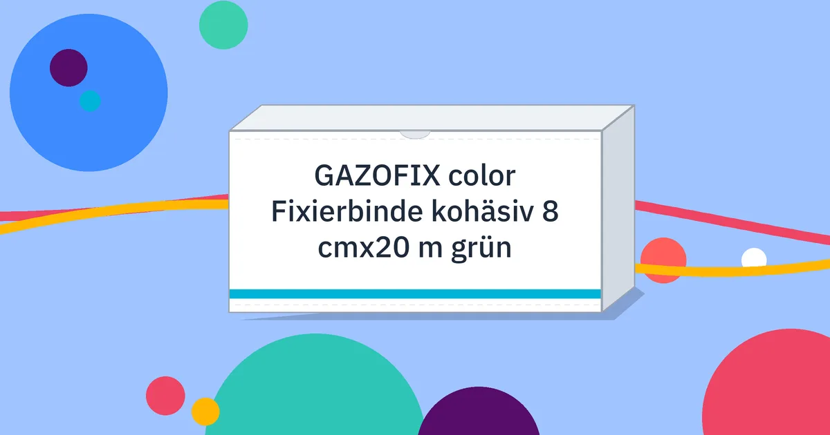 Symbolbild: Packung mit der Aufschrift GAZOFIX color Fixierbinde kohäsiv 8 cmx20 m grün (PZN 11587735) – Verfügbarkeit und Bezug in Apotheken in Frankfurt am Main