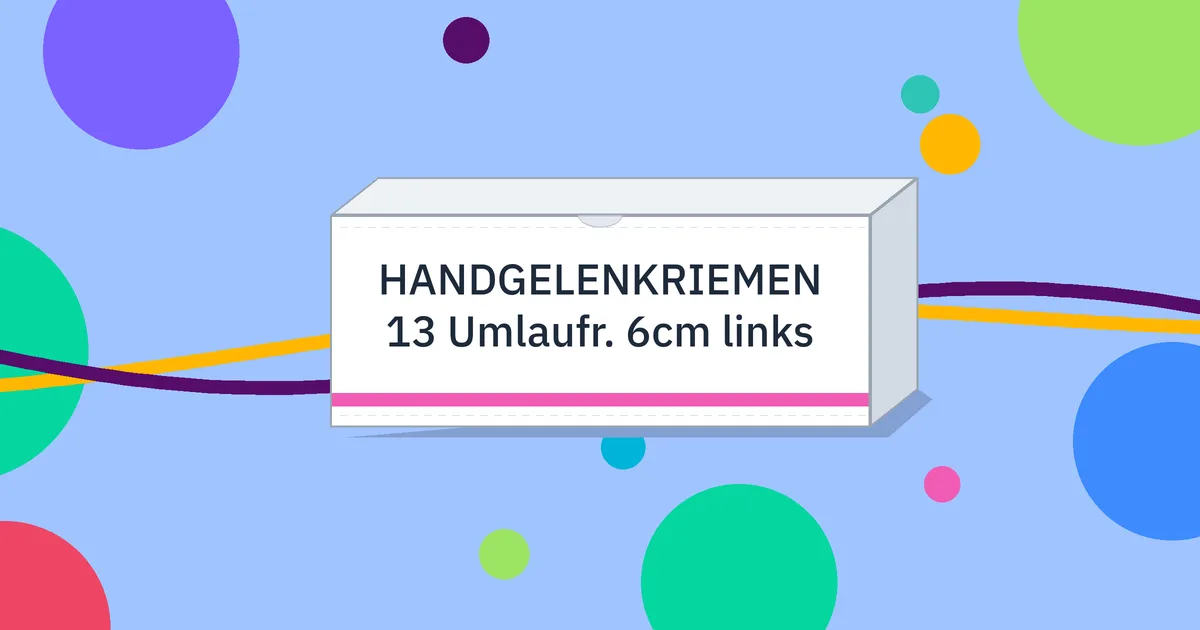 Symbolbild: Packung mit der Aufschrift HANDGELENKRIEMEN 13 Umlaufr. 6cm links (PZN 02008307) – Verfügbarkeit und Bezug in Apotheken in Frankfurt am Main